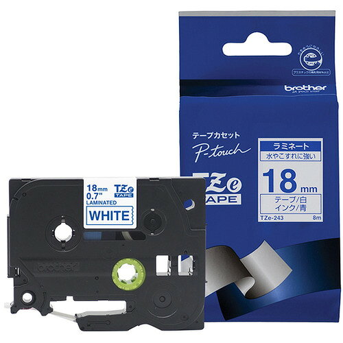 商品名 ラベルライター用ラミネートテープ 18mm幅（青文字/白）　TZe-243 型番 TZe-243 JANコード 4977766701952 メーカー ブラザー 色 白 テープ幅 18mm テープ長さ 8m テープ色 白 印字色 青 ...