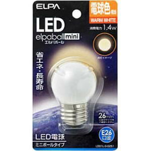 ELPA LED電球 「エルパボールミニ」（ミニボール形／電球色相当・口金E26）　LDG1L-G-G251■省エネ・長寿命。光源色 電球色相当 本体サイズ（mm） 61×φ40mm 本体重量 26g 口金 E26 定格入力電圧 100V ...