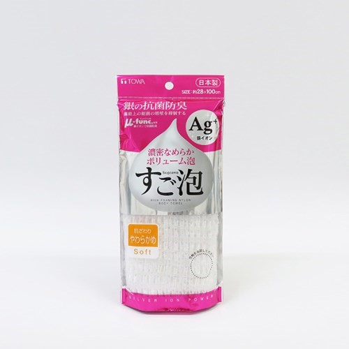 東和産業 すご泡銀抗菌ナイロンタオルやわらかめ ホワイト発売日：2018年6月1日●繊維上の細菌の増殖を抑制する銀の抗菌防臭【仕様】サイズ（約）：100×28cm材質：ナイロン97%、綿2%、ポリエステル1%原産国：日本