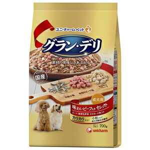 ※画像はイメージです。パッケージデザイン等は予告なしに変更されることがあります。※メーカーの欠品や製造中止により納期遅延、またはお届けできない場合がございます。ユニ・チャーム グラン・デリカリカリ仕立て成犬用味わいビーフ入りセレクト 700...