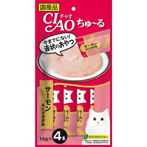 ※画像はイメージです。パッケージデザイン等は予告なしに変更されることがあります。※メーカーの欠品や製造中止により納期遅延、またはお届けできない場合がございます。いなばペットフード チャオちゅーるサーモン＆とりささみ 14g×4本 発売日：2...