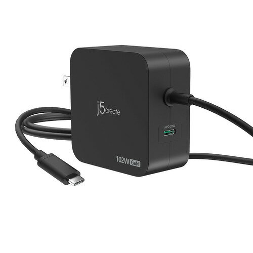 j5 create JUP25102 102W GaN採用 PD3.0 USB-C 2-Port Wall Charger 発売日：2024年7月5日●GaN窒化ガリウムを搭載したUSB-C電源アダプター本体にUSB-Cケーブルが一体化、充...