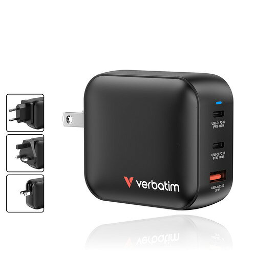 Verbatim MGAN100-3V1 GaN充電器 100W USB PD対応 USB-Cポート×2 USB-Aポート×1 ブラック●最大100W USB PD対応充電器ノートPC、スマートフォン、タブレット、ワイヤレスイヤホン、ゲーム...