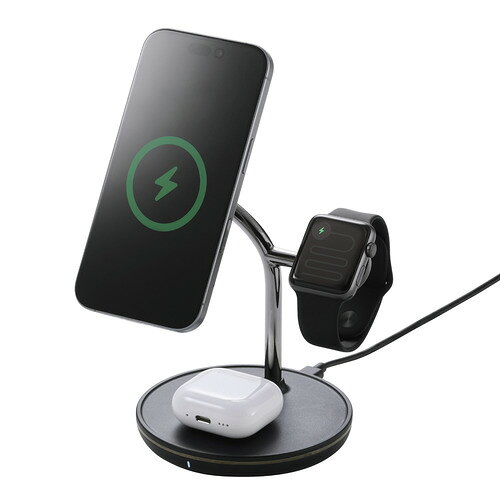 エレコム W-MS07BK ワイヤレス充電器 15W出力 3in1 iPhone ／ AirPods ／ Apple Watch 同時充電 ブラック 発売日：2025年6月5日●Appleデバイスを1カ所にまとめてすっきり。対応するiPho...