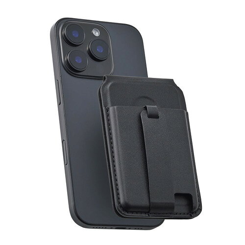 エレコム AMS-MAGCSBBK MagSafe カードケース スタンド iPhone用 磁気防止シート付 3枚収納 マット素材 バンド付 MAGKEEP ブラック ●iPhoneに便利をプラス!MagSafeで簡単に着脱できる、MAGK...