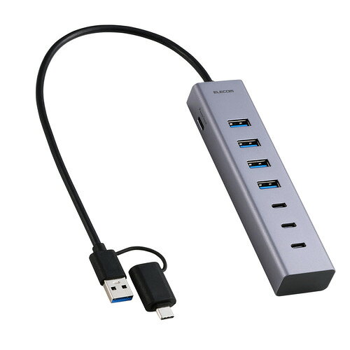 エレコム U3HC-T070SV USBハブ 7ポート USB3.2 Gen1(5Gbps) セルフ/バスパワー両対応 USB-A×4 Type-C×3+ハブ給電用Type-C×1 USB-A→C変換付 シルバー ●これ1台でポート不足を一...