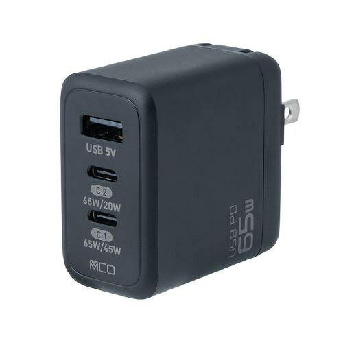 ナカバヤシ JYU-ACU013BK GaN 充電器 65W USB PD ノートPC・タブレット対応 ブラック発売日：2025年5月下旬●接続するだけで自動で高速充電！Type-C端子×2　今までの機器も充電可能なUSB-A端子も搭載（5...