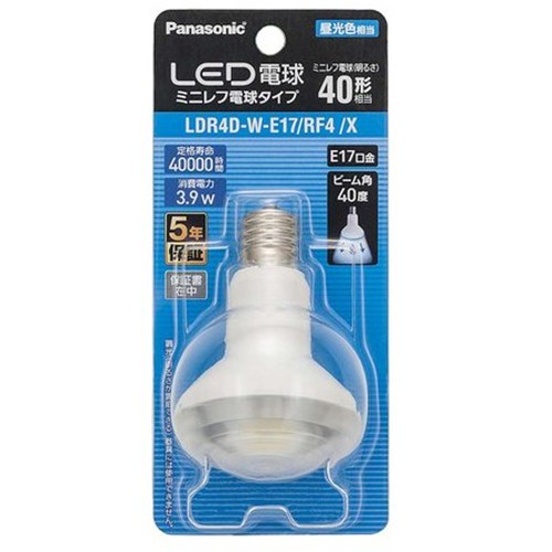 パナソニック LDR4DWE17RF4X LED電球 ミニレフ電球タイプ 3.9W E17口金 昼光色相当【仕様】本体サイズ（高さ×幅×奥行）：75×50×50本体重量：50g定格消費電力：3.9Wビーム光束：ミニレフ電球40W形相当 80...
