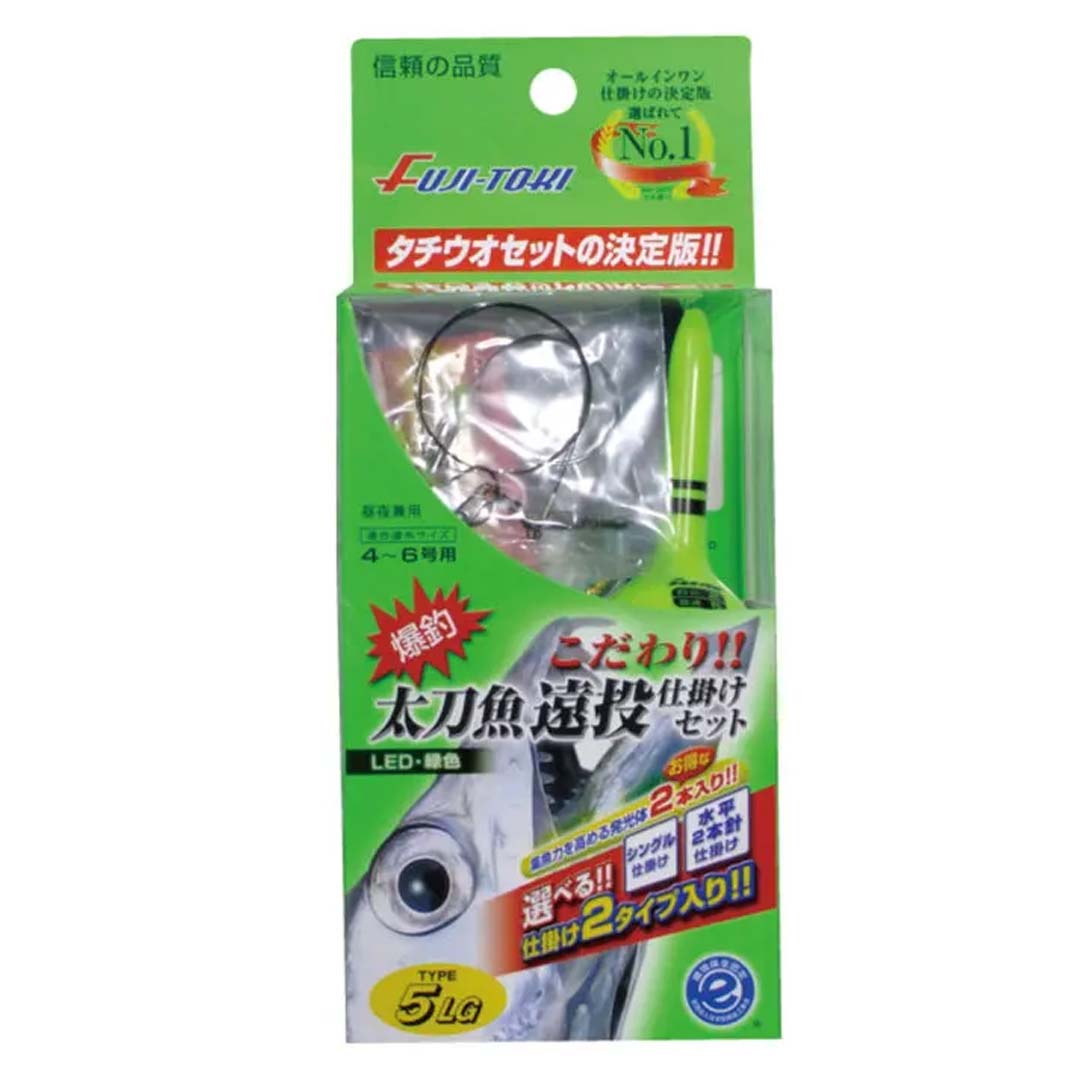 自立用オモリの取り外しが自由な FF-A5 シリーズをセットしたタチウオ仕掛けセット ウキのトップが幅広く光り、遠くのポイントでもアタリがとり易くなります ■セット内容 超高輝度電子ウキ , シモリヘット , リチウム電池 , ウキ止コム ...