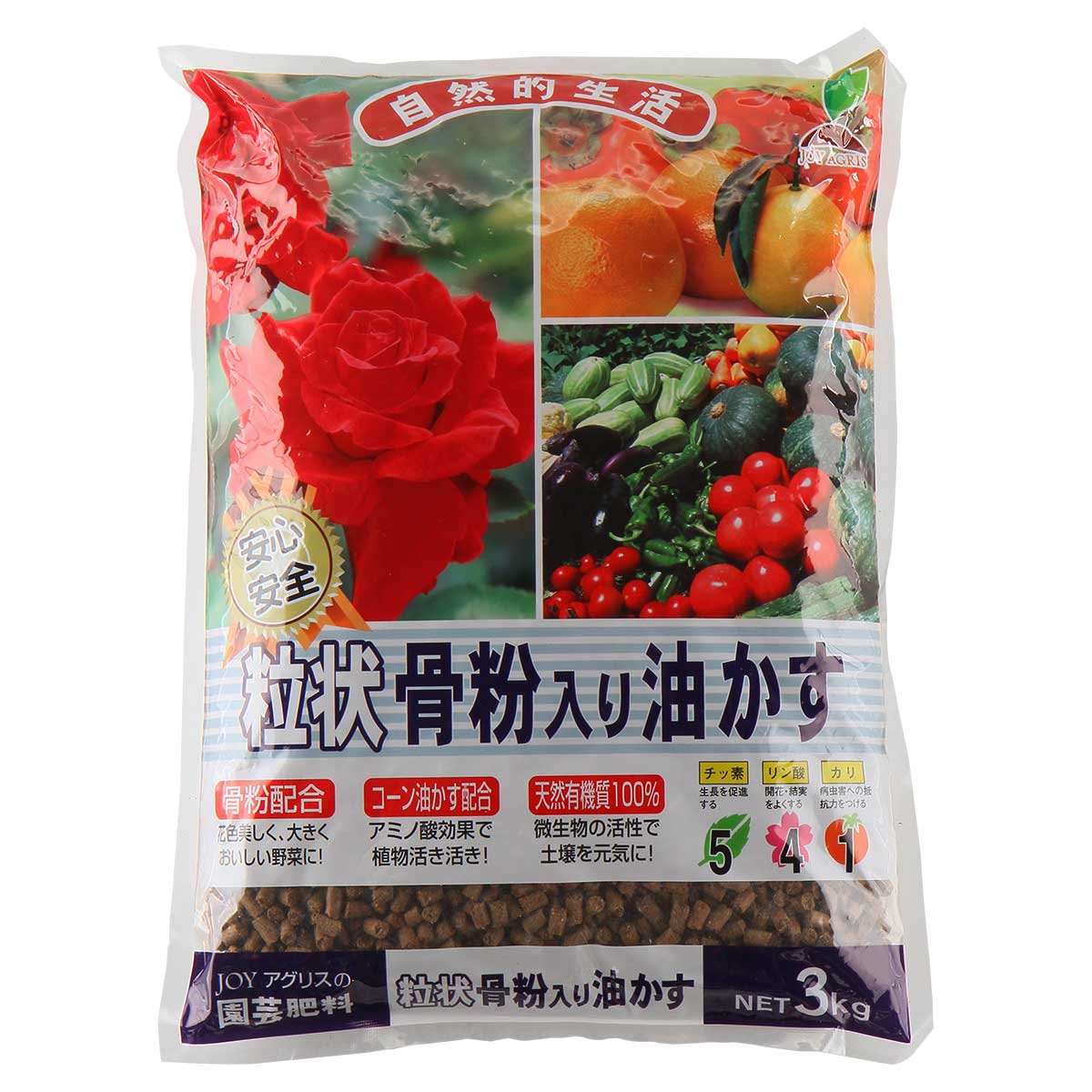 特長従来のなたね油かすに、骨粉、コーン胚芽油かすを配合した、天然有機質100%の肥料です。幅広い植物に使用できるベーシックな肥料であり、緩効性で効果がゆっくりと長く続きます。豊富に含まれる有機質が土壌構造を物理的に改善し、やわらかい土壌をつ...