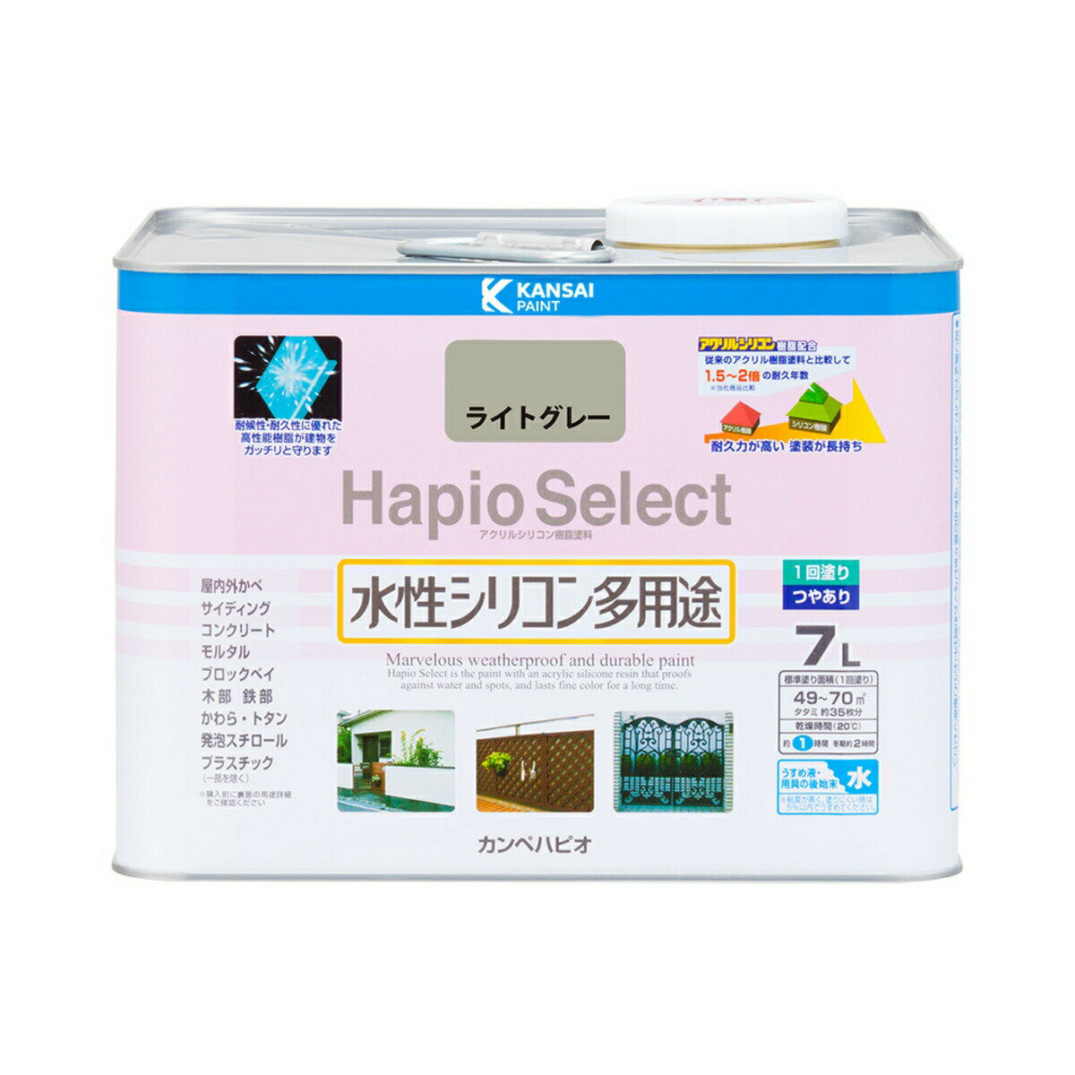 特長〇高耐久アクリルシリコン樹脂配合なので、紫外線・排気ガス・酸性雨・塩害に強い塗膜を作り、塗装部を長期間保護します。〇屋内外の木部・鉄部・コンクリート・プラスチックまで幅広い用途に使用できます。〇防カビ剤・防サビ剤配合なので長期間カビ・サ...