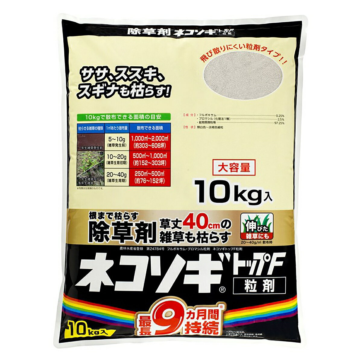 ネコソギトップF粒剤の特長■粒のまま地面にパラパラまくタイプの除草剤です。■天候や土壌の条件、雑草の種類により異なりますが、1〜2週間で枯れ始め、30日前後でほとんど枯らします。■成分が土壌に一定期間とどまるので、新しい雑草の発生を予防でき...