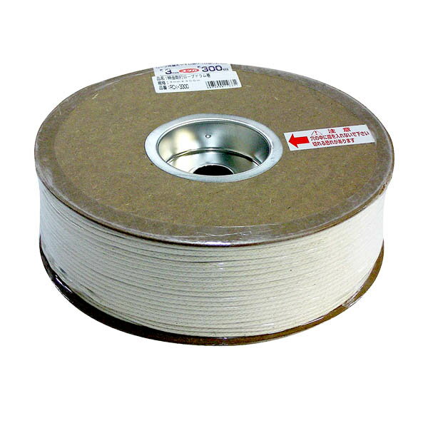 仕様品番：RCX-3300製品サイズ：3mm×300m素材：綿打方：金剛打ち引張強度：0.49kN・50kgf先端加工：テープ止め質量：1.74kg●細手から太手までドラムに巻き取ったタイプ●一般的な用途は細手(農園芸用・荷縛り・結束用)太...