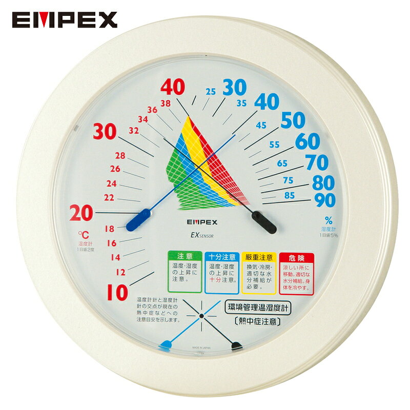 気温30℃以上湿度65％以上は要注意。室内での熱中症にご用心。熱中症のレベルを「注意」「十分注意」「厳重注意」「危険」の4段階で表示。◆製品仕様／熱中症注意目安、壁掛けタイプ、温度計、湿度計◆商品サイズ／径23×2.7cm◆箱サイズ／23....