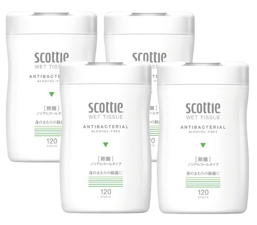 4個セット　スコッティ　ウェットティシュー　除菌 ノンアルコール　本体1個(120枚入)■　商品説明・お部屋になじむシンプルデザイン。 ・バイ菌99.99パーセント。 ・除菌ノンコールタイプ。 ・除菌性能テスト済、ヒアルロン酸、尿素配合、1...