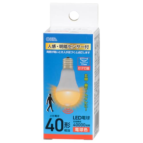 電球色/40形/LDA4L-G/E17 PIR・Color:電球色Size:40形・パッケージ個数:1・【 特 長 】　◆ 周囲が暗いとき人が近づくと点灯します　◆ 人の動きがなくなると約2分後に自動消灯　◆ 急に消えないから安心、消灯お知...
