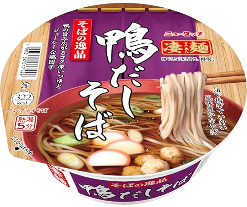 1食当たり　エネルギー：322kcal、たん白質：12.7g、脂質：5.2g、炭水化物：56.1g、食塩相当量：7.4g商品紹介 挽きたてのそば粉を使用した風味豊かなノンフライそばと鴨肉を炙ったような風味が効いたつゆ、このつゆによく合うジュ...