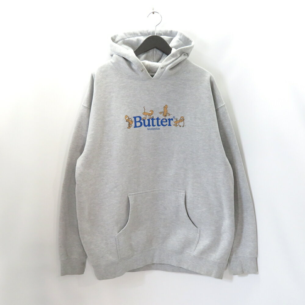 商品詳細ロゴ プリント プルオーバーパーカーになります。■ブランド：BUTTER GOODS ■品番：無し■カラー：GRAY/グレー■状態：袖、首元に汚れがあります。■付属品：無し■サイズ(約cm)：メジャー採寸の為、若干の誤差が生じる場合...