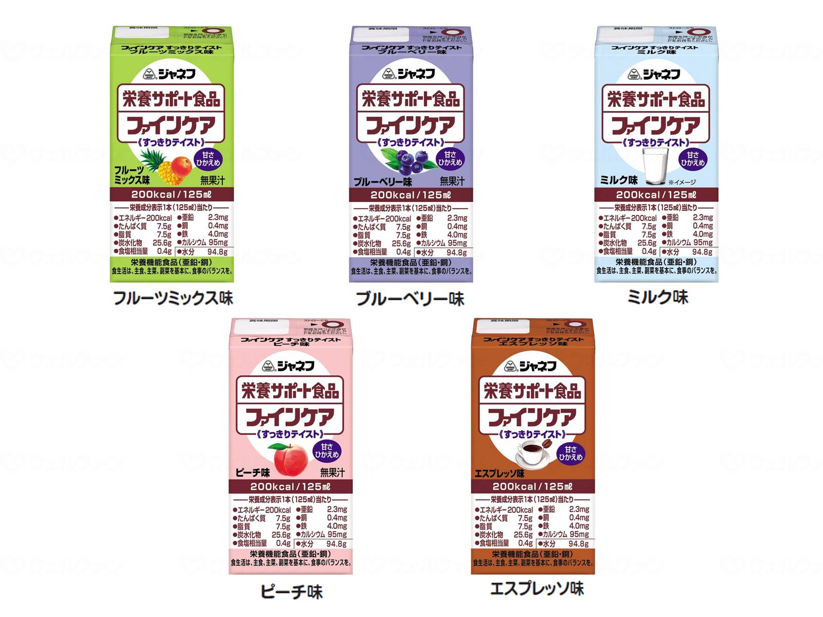 ○5種5個セット 　ピーチ風味 　ブルーベリー風味 　ミルク風味 　エスプレッソ風味 　フルーツミックス味○ピーチ味 ●原材料／デキストリン（国内製造）、植物油脂、乳たん白、砂糖、難消化性デキストリン、酵母／カゼインNa、乳化剤、クエン酸K...