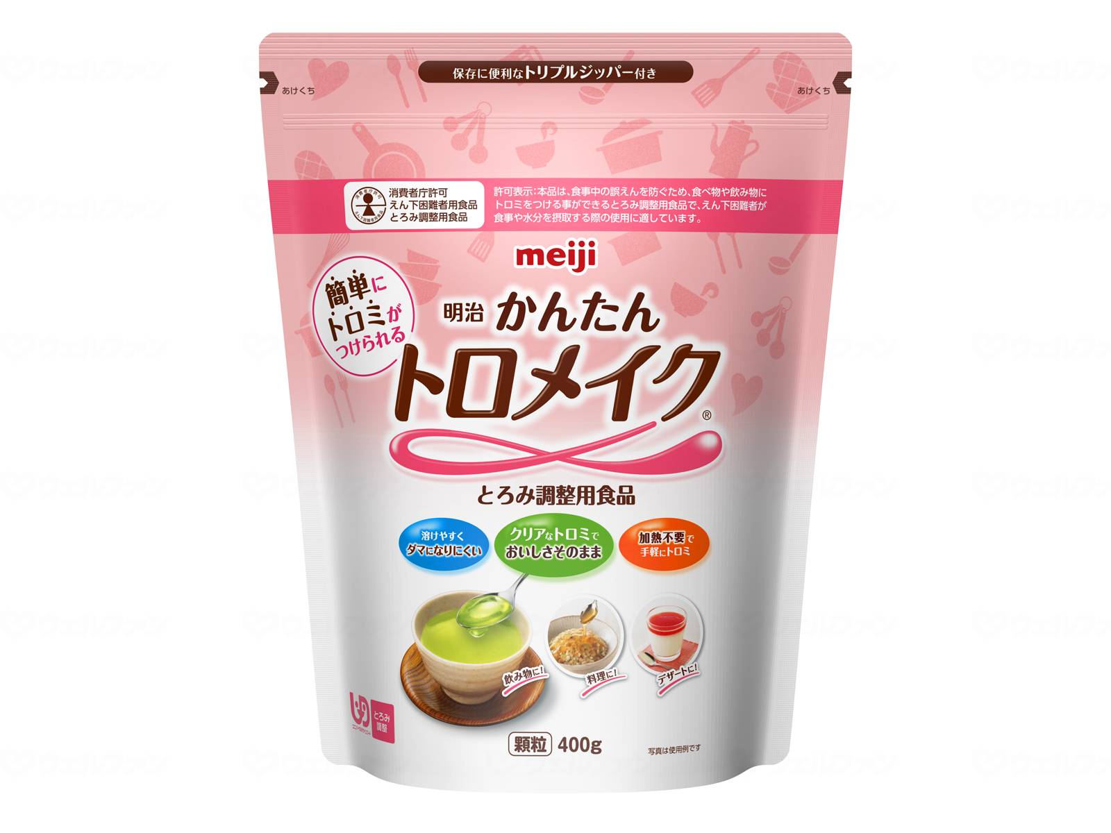 商品の仕様 ●原材料／デキストリン、増粘多糖類、pH調整剤 ●栄養成分／（2.5g当たり）エネルギー7.3kcal、たんぱく質0.01g、脂質0g、炭水化物2.1g、食塩相当量0.05〜0.15g ●分量目安（お茶（10℃）100mLに対し...