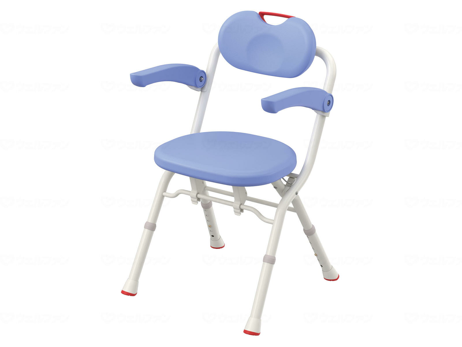 商品の仕様 ●サイズ／幅44×奥行43〜51×高さ68〜78cm、折りたたみ時：奥行15×高さ84〜95cm、座面：幅37×奥行31cm、座面高：36〜46cm（6段階／2cm）、ひじ掛け内寸：37cm ●重さ／3.5kg ●材質／ポリプロ...