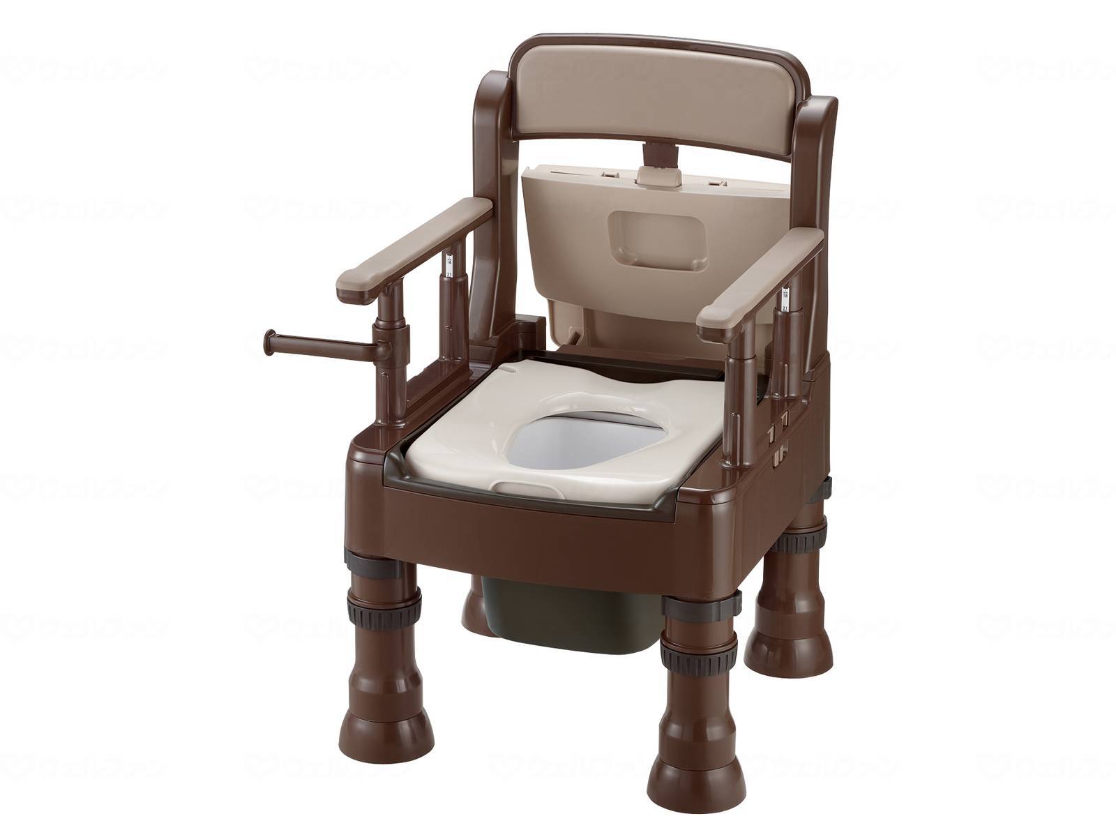 商品の仕様 ●サイズ／幅49×奥行53×高さ75〜87cm（補高脚キャスター取付時：幅52×奥行55.5cm）、座面：幅34.5×奥行42cm、穴部：幅18×奥行29cm、便座高：33〜45cm（13段階／1cm）、ひじ掛け高（便座から）：...