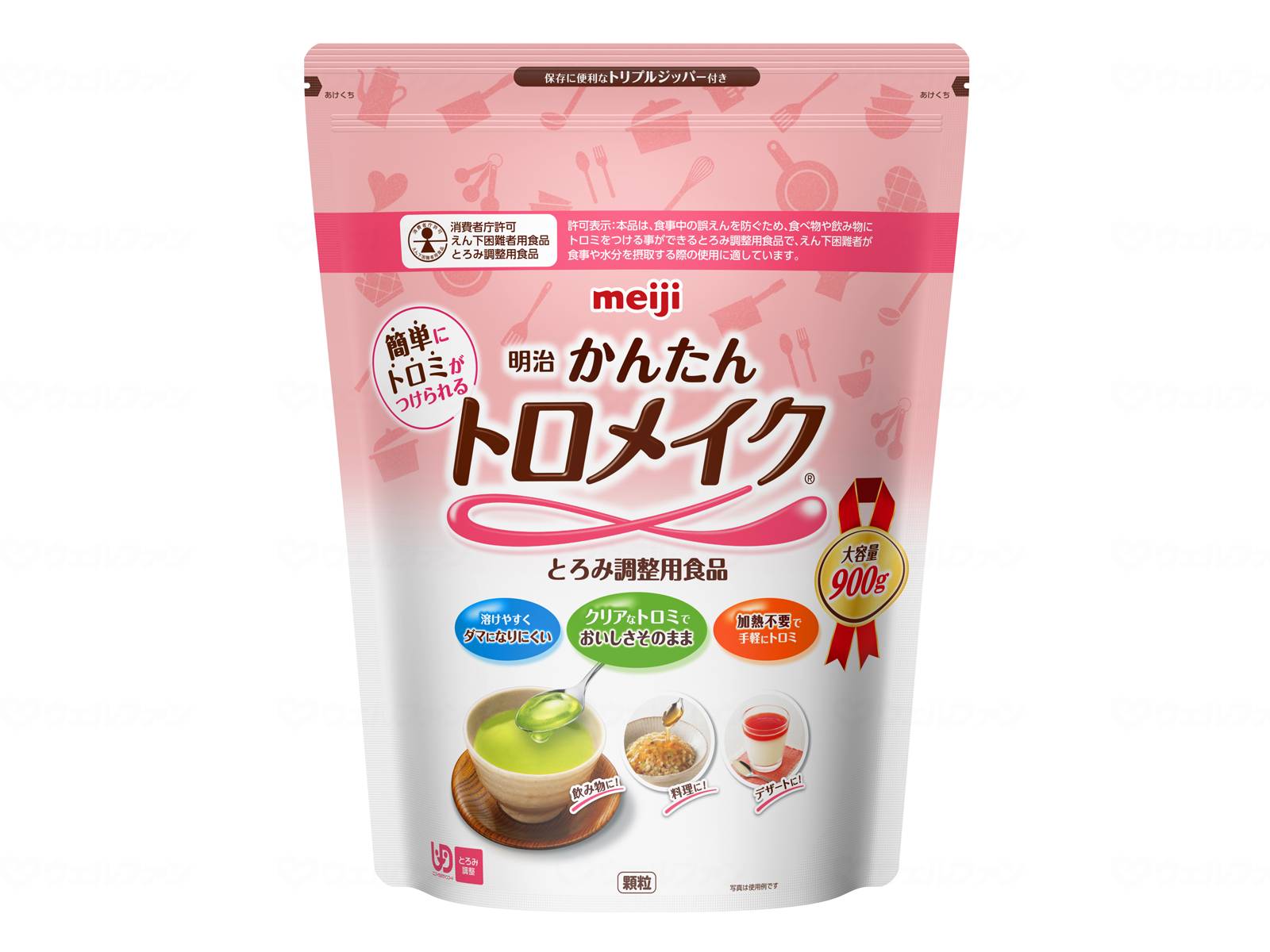 【商品の仕様】 ・原材料／デキストリン、増粘多糖類、pH調整剤 ・栄養成分／（2.5g当たり）エネルギー7.3kcal、たんぱく質0.01g、脂質0g、炭水化物2.1g、食塩相当量0.05〜0.15g ・分量目安（お茶（10℃）100mLに...
