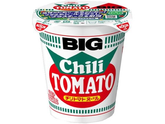 チリトマトヌードルのビッグサイズ。ピリッとしたチリの辛さに、トマトの甘みと酸味がマッチした独特の味わいのスープ。具材には、トマトキューブ、コーン、キャベツ、いんげんのほかに、新開発の「白い謎肉」を加え、ボリューム感をアップしました。●軽減税...