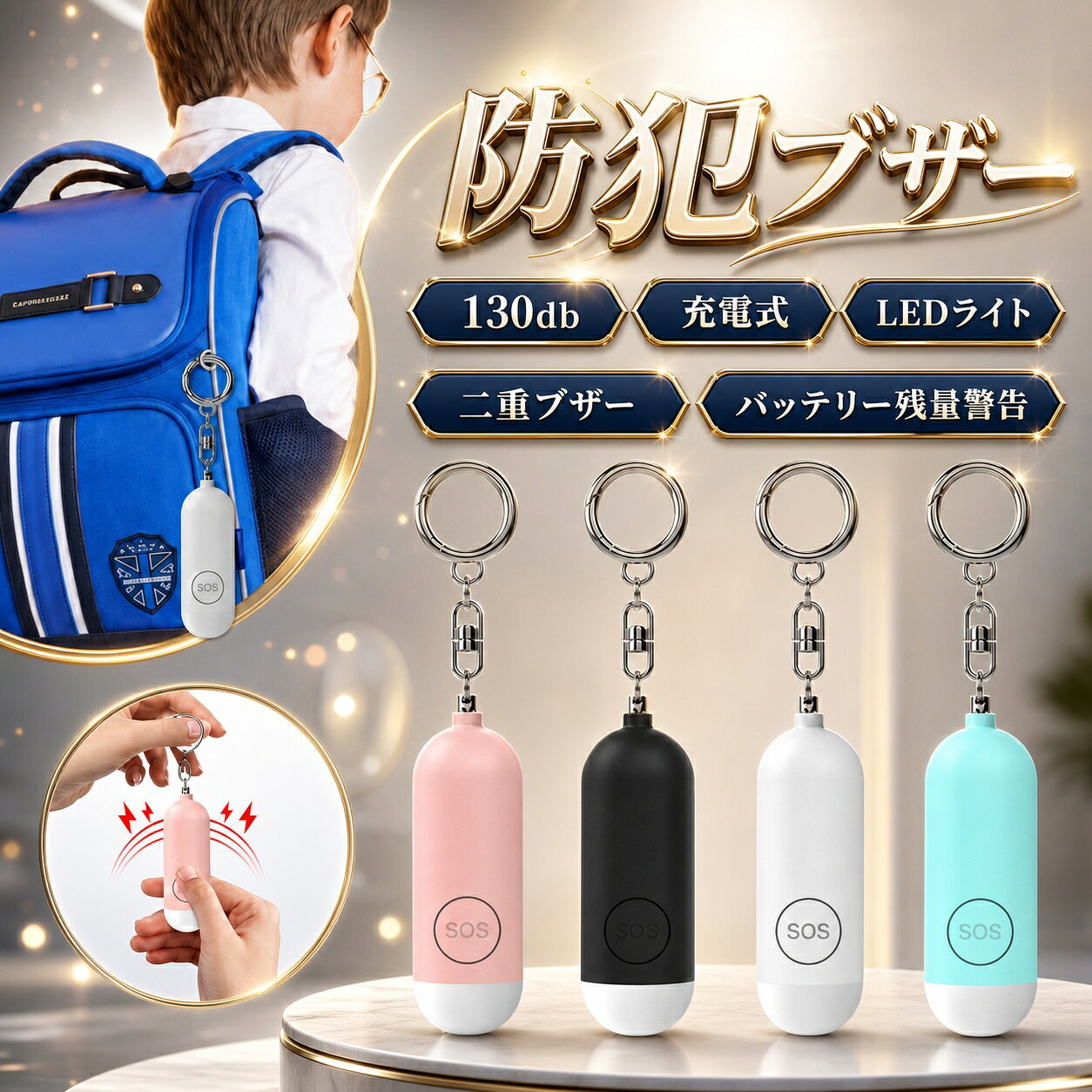 製品情報【警報方法】：SOS ボタン2回押し+ピンを抜く (ピンを嵌めると音が止まります)【ブザー音】：130dB【サイズ】：86×28×17mm【充電方法】：Type-C 充電ポート【重量】：28.5g【充電時間】：120分【製品材質】A...