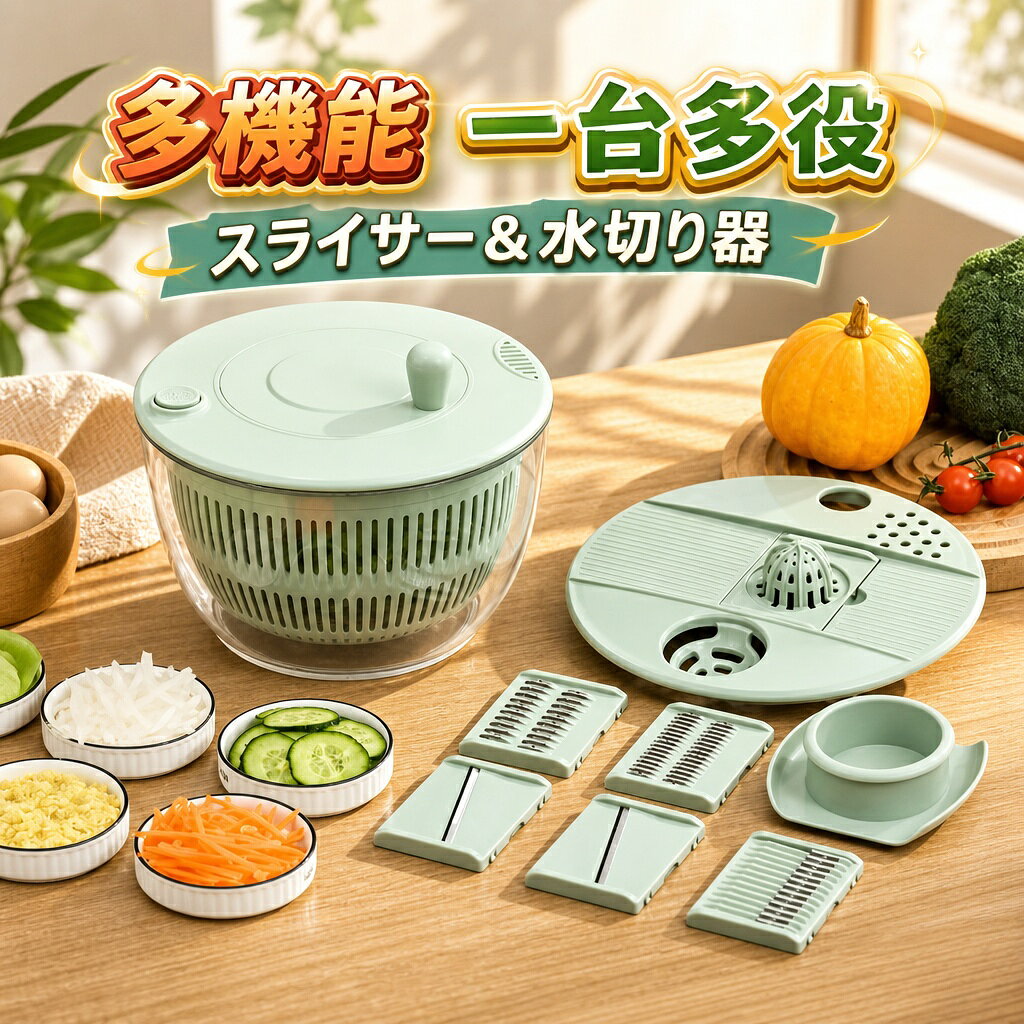 商品詳細商品紹介この多機能サラダスピナーは、スライサーと水切り器が一体となった便利なキッチン用品です。分体式デザインにより、使用後の清掃が簡単で、食洗機にも対応しています。大容量のボウルは、サラダの保存や野菜の水切りに最適です。蓋付きで、食...