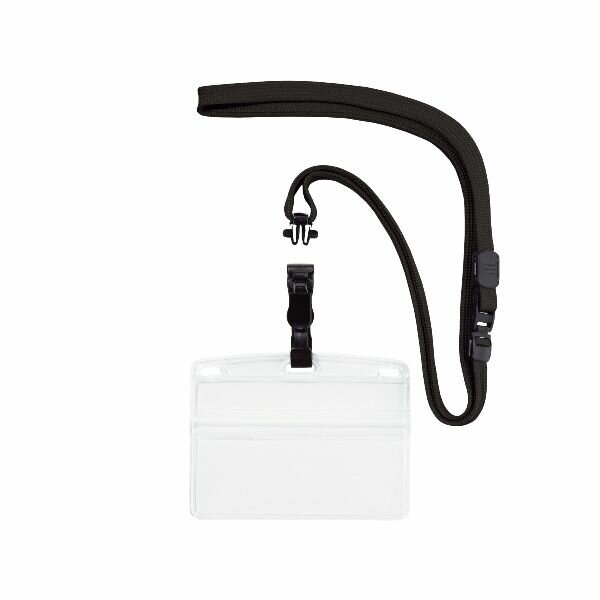 ●ワンタッチで取り外しができる脱着式で、タッグ名札としても使用できます。名札用ケースはチャック式で水やホコリが入りにくい。●安全装置、長さ調整付●入数：1枚●ひも：再生PET/ケース：再生ポリオレフィン●ひも：長さ約90cm/幅約10mm●...