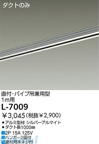 【商品説明】大光電機　ダクトレール1mパイプ吊りシルバーL-7009■ダクト長1000mm　重量■アルミ型材 シルバーアルマイト■2P 15A 125V■ハンガー付■直付用木ネジ付 この商品は取り付け工事が必要です。495562003437...