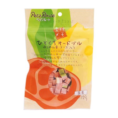 【商品説明】●鶏ささみと牛肉にチーズを練り込み、野菜もプラスしました。●原材料：小麦粉、鶏肉、鶏ささみ、チーズ、牛肉、でん粉類、ほうれん草、ソルビトール、グリセリン、膨張剤、着色料(赤106、黄4、黄5、青1、酸化チタン)、保存料(ソルビン...