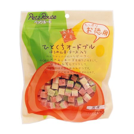 【商品説明】●鶏ささみと牛肉にチーズを練り込み、野菜もプラスしてました。●原材料：小麦粉、鶏肉、鶏ささみ、チーズ、牛肉、でん粉類、ほうれん草、ソルビトール、グリセリン、膨張剤、着色料(赤106、黄4、黄5、青1、酸化チタン)、保存料(ソルビ...