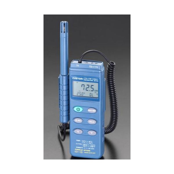 ●最大・最小・偏差表示機能付●センサー…(温度)T1：サーミスタ、(湿度)：高分子キャパシタンスセンサ(温度)T2：熱電対Kタイプ(別売)●測定範囲…(湿度)5〜95％RH、(温度)T1：-20〜+60℃、T2：-200〜+1370℃●分解...