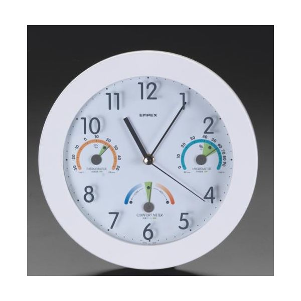 ●サイズ…φ250×35mm●重量…560g●樹脂製●測定範囲…　温度：−30℃〜＋50℃　湿度：0〜90%●快適表示計付●電源…単3電池×1本（テスト電池付属）●※付属電池はテスト電池ですので新しい電池をご購入下さい。類似商品はこちらエス...
