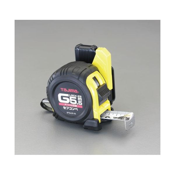 ●JIS1級品●両面目盛付●全長…5.5m●幅…25mm●重量…360g●材質…バネ・テープ：スチール、ケース：ABS樹脂、カバー：エラストマー樹脂●455mmピッチスタッドマーク付●0点補正移動爪●爪飛び防止用プロテクター付●フックガード...
