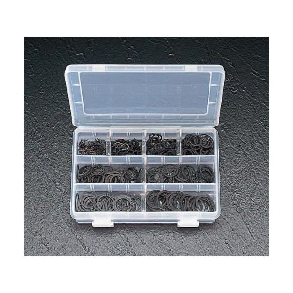 ●＜セット内容＞…適合軸径（入数）：7mm(100)9mm(100)11mm(50)13mm(50)15mm(50)16mm(30)18mm(30)20mm(30)●材質…バネ鋼●ケースサイズ…207×145×40mm類似商品はこちらエスコ...