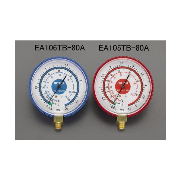 ●ゲージ径…φ80mm●取付ねじ…1/8”NPT●ゼロ調整ねじ付●ラバー製カバーで衝撃を吸収●R32冷媒飽和温度目盛付●仕様…高圧用●圧力範囲…-0.1〜5.3MPa類似商品はこちらエスコ EA106TB-80A R32・R414,268円...