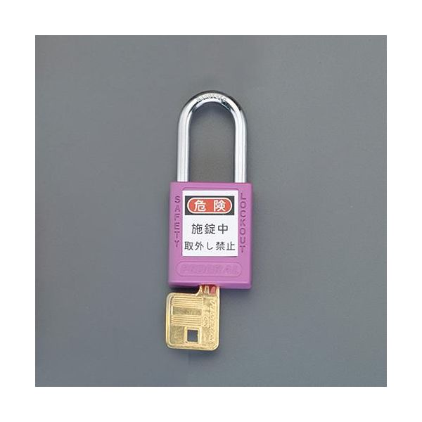 ●幅(mm)…38●ツル径(mm)…6.35●クリアランス(mm)…タテ：38ヨコ：19●材質…本体：プラスチックツル：スチールシリンダー：真鍮●色…紫●鍵1本付●ロックアウト用●裏面に管理者名を記入することで、セキュリティレベルを上げるこ...