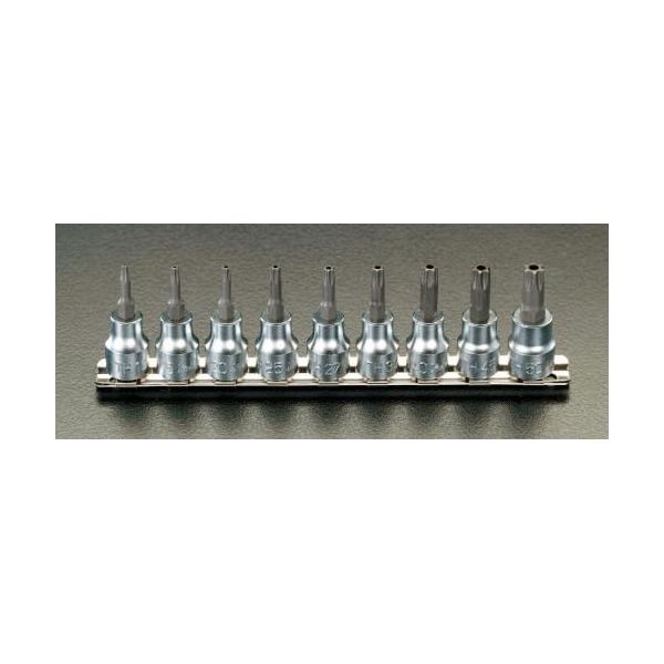 ●差込角…3/8”●9個組●ソケット全長…50mm●サイズ…　T10・T15・T20・T25・T27・T30・T40・T45・T50●レール長…200mm●ホルダー付●イジリ止付類似商品はこちらエスコ EA618BN-40 3/8sqxT4...