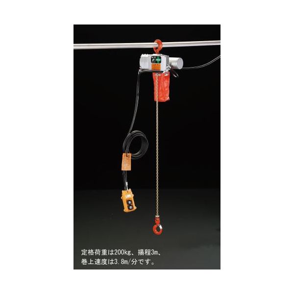 ●電源…単相100V●モーター出力…180W●フック間最小距離…280mm●定格荷重(kg)…200●揚程(m)…3●巻上速度(m/分)…3.8●重量(kg)…7.5●フック口開き…20mm類似商品はこちら エスコEA987DD-8 直送 ...