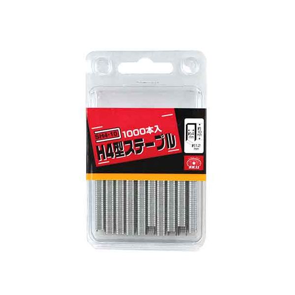 【用途】タッカー用ステープル。【機能・特徴】電動タッカーSET-901、パワフルハンドタッカーPT-1用のステープルです。【仕様】●1000本入。●サイズ：足幅4mm・足長10mm・素材幅1.2mm。●表面処理：亜鉛メッキ。●主な適合機種：...