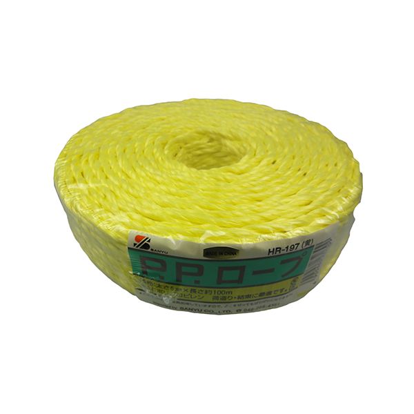 【商品説明】【用途】荷物の固定・梱包用。【機能・特徴】荷作り・結束用に最適です。表面を熱処理しているので、どこを切ってもばらばらになりません。【仕様】●サイズ(約)：太さ5mm×長さ100m。●色：黄。【材質】●ポリプロピレン。資材 梱包資...