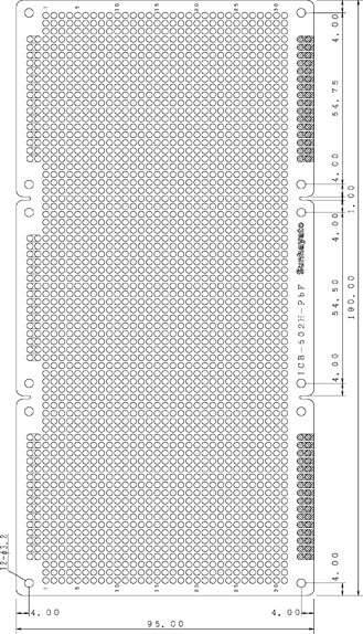 &nbsp; サンハヤト &nbsp; 03-3984-7791 ※パターン図の縮尺率は一定ではありませんのでご注意ください。 【主な仕様】 ●寸法： 95×190mm ●材質・板厚： 両面・ガラスコンポジット1.6t ●仕上処理： スルホ...