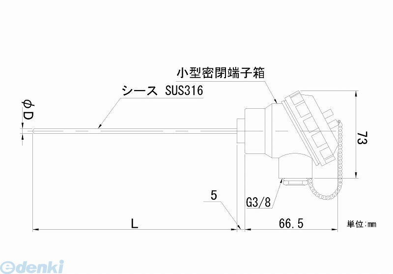【商品説明】端子箱形シース白金測温抵抗体【仕様】 素子種類：PT100Ω　シース（材質：SUS316　外径6．4φ　長さ30）　端子箱：小型密閉形　リード線出口3／8【特長】階級：B　測温範囲−200〜500℃類似商品はこちら日本電測 RN...