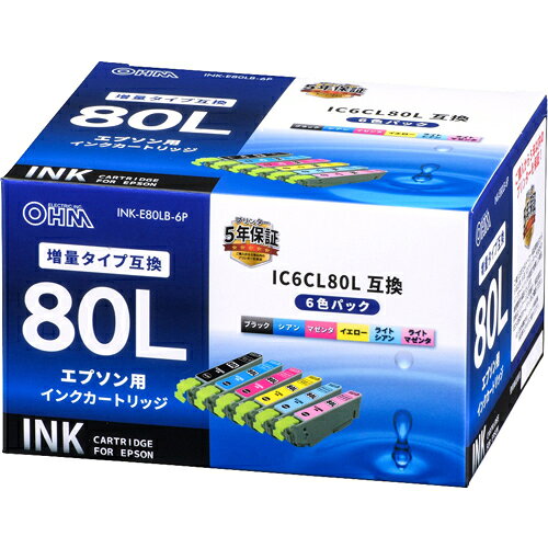 商品説明　「エプソン用インクカートリッジ IC6CL80L互換 染料6色パック 増量タイプ互換 INK-E80LB-6P」は、エプソンの純正インクカートリッジIC6CL80L/染料6色パック の代わりに使える互換インクカートリッジです。●染...