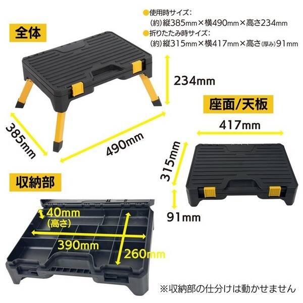 【商品説明】●1台で3役！多機能折りたたみ式ステップ！天板を広く設計した、安全配慮の滑り止めゴム付き作業台。折りたためば、取っ手付きで持ち運びラクラクのツールボックスに。●木工作業、補修工事、DIY・日曜大工用の踏み台・ベンチとして。また、...