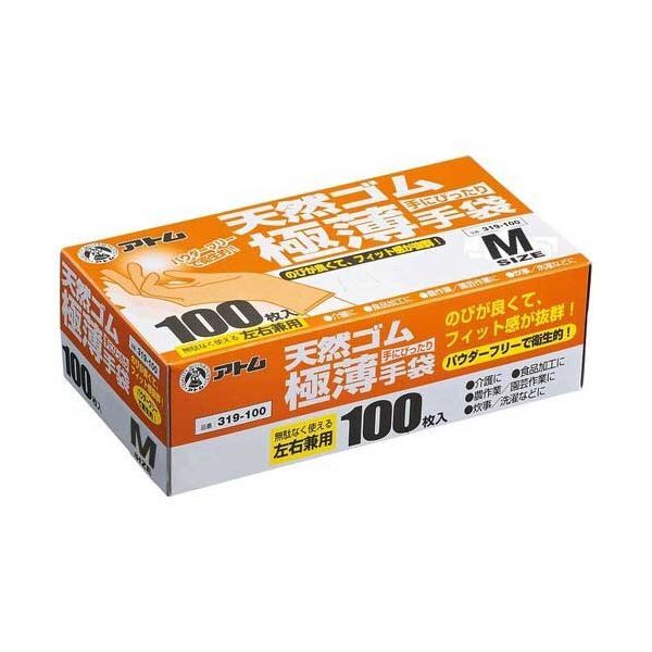 【商品説明】伸びがよくてフィット感の良い手袋。●1箱入数：100枚●サイズ：M●厚[mm]：掌＝約0.1、指＝約0.12●全長[mm]：約240●中指長さ[mm]：約80●掌幅[mm]：約95●粉：無●食品衛生法適合：有●材質：天然ゴム●仕...