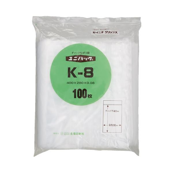 【商品説明】国産チャック袋。食品衛生法第370号 第3の基準をクリアした商品です。厚口のチャック袋。重量物入れにおすすめ。●入数：100枚●チャック下寸法(横)[mm]：280●チャック下寸法(縦)[mm]：400●厚[mm]：0.08●材...